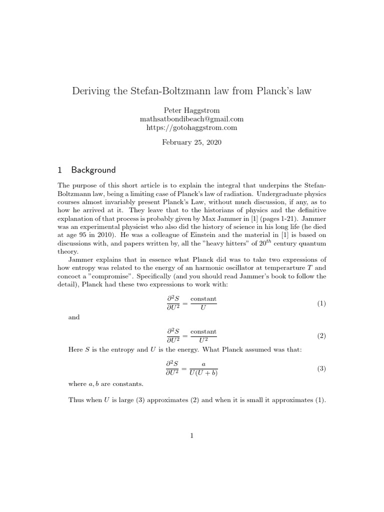 Deriving the Stefan-Boltzmann law from Plancks law | PDF | Mathematical Analysis | Physics