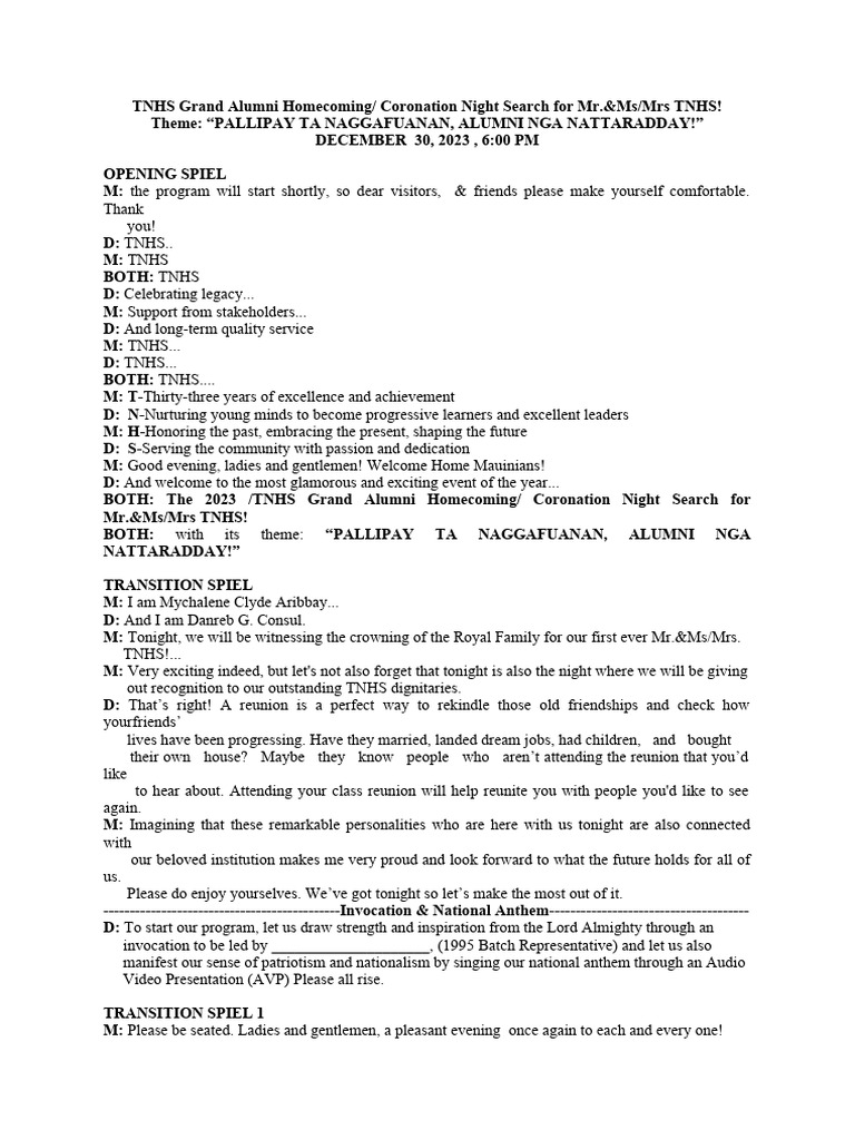 TNHS Grand Alumni Home Coming Script | PDF