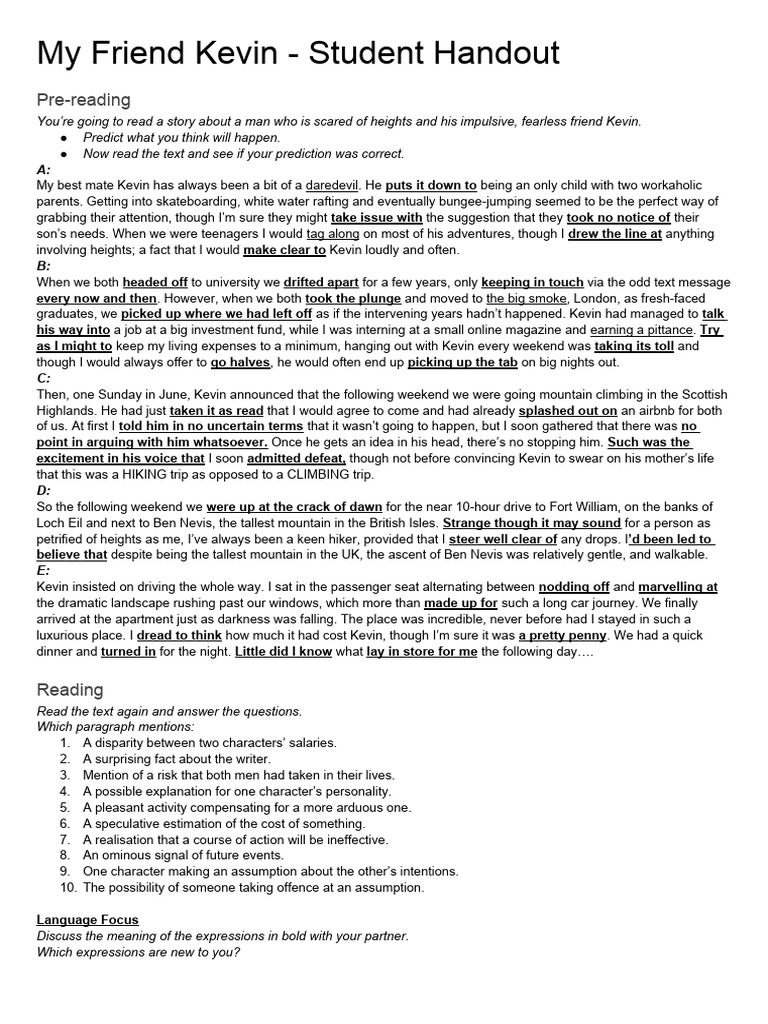 My Friend Kevin Student Handout | PDF