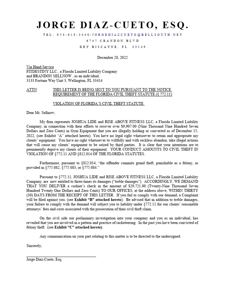 Civil Theft Demand Letter Josh | PDF | Theft | Criminal Law