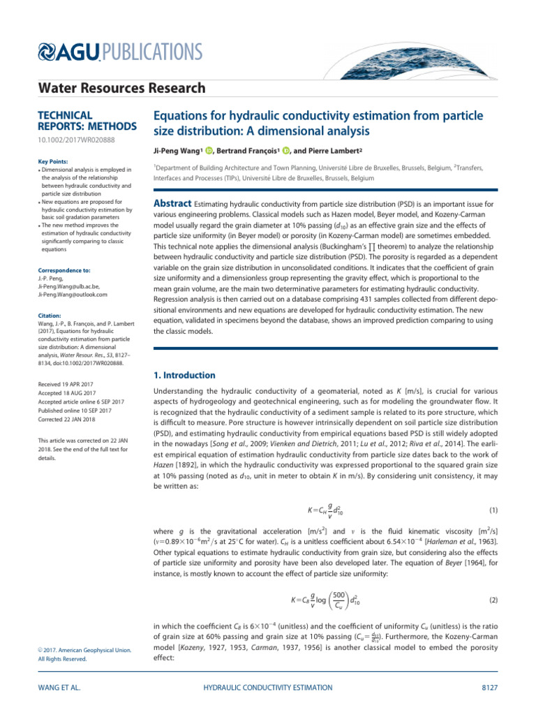 Water Resources Research - 2017 - Wang - Equations For Hydraulic Conductivity Estimation From ...
