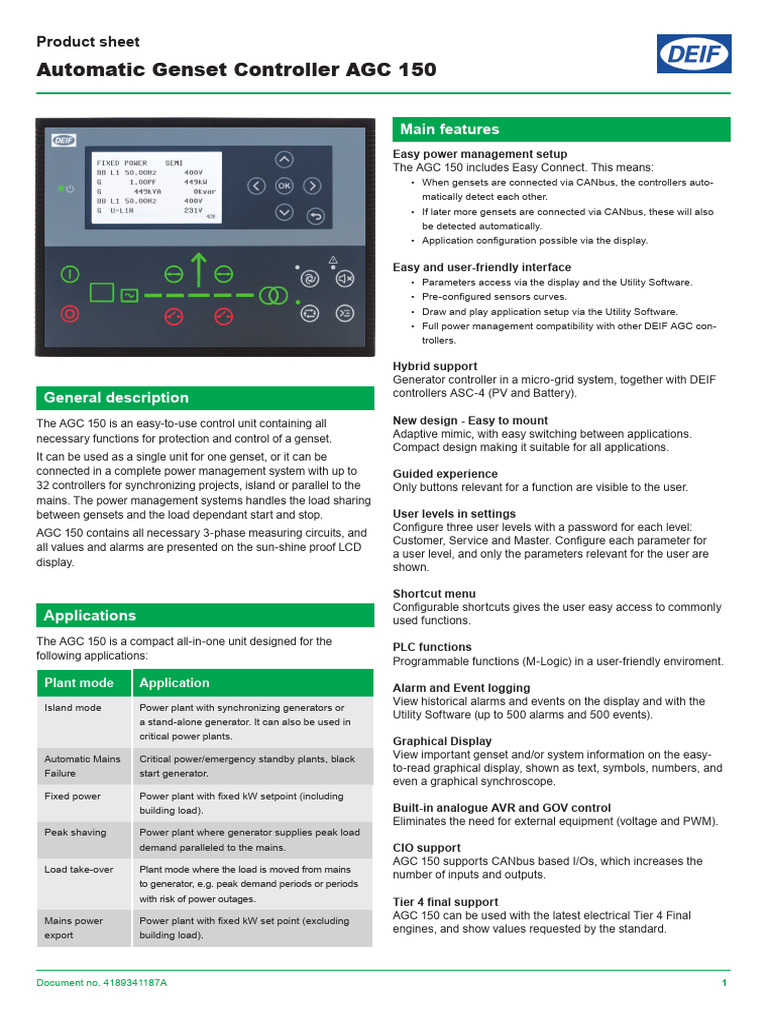 Deif Controller Genset Agc150 | PDF | Mains Electricity | Programmable ...