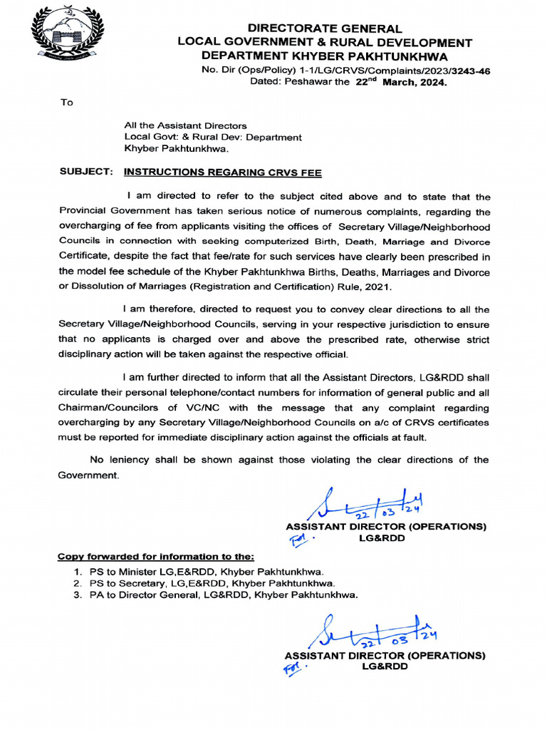 Letter Regarding Strict Observing The CRVS Fee Schedule | PDF