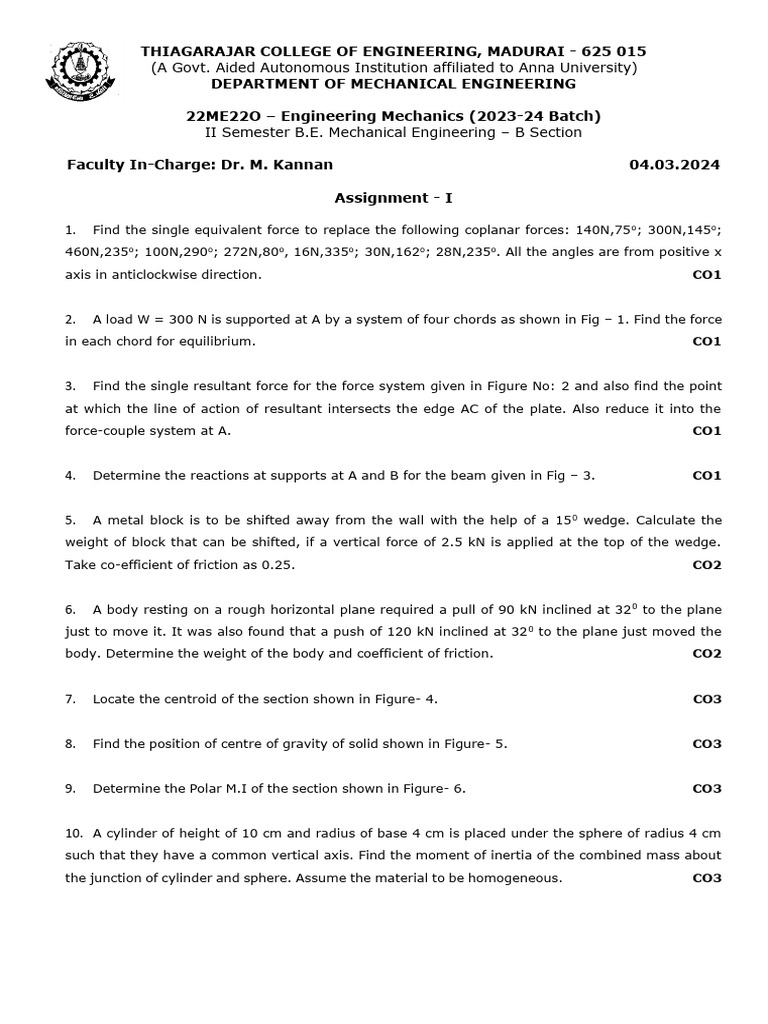 22ME220 2023 24 Assignment1 | PDF | Force | Sphere