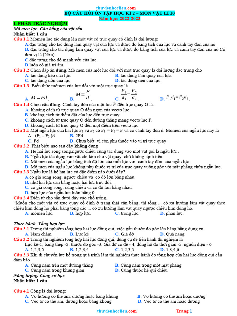 Bo Cau Hoi On Tap Vat Li 10 KNTT HK2 Nam 22 23 | PDF