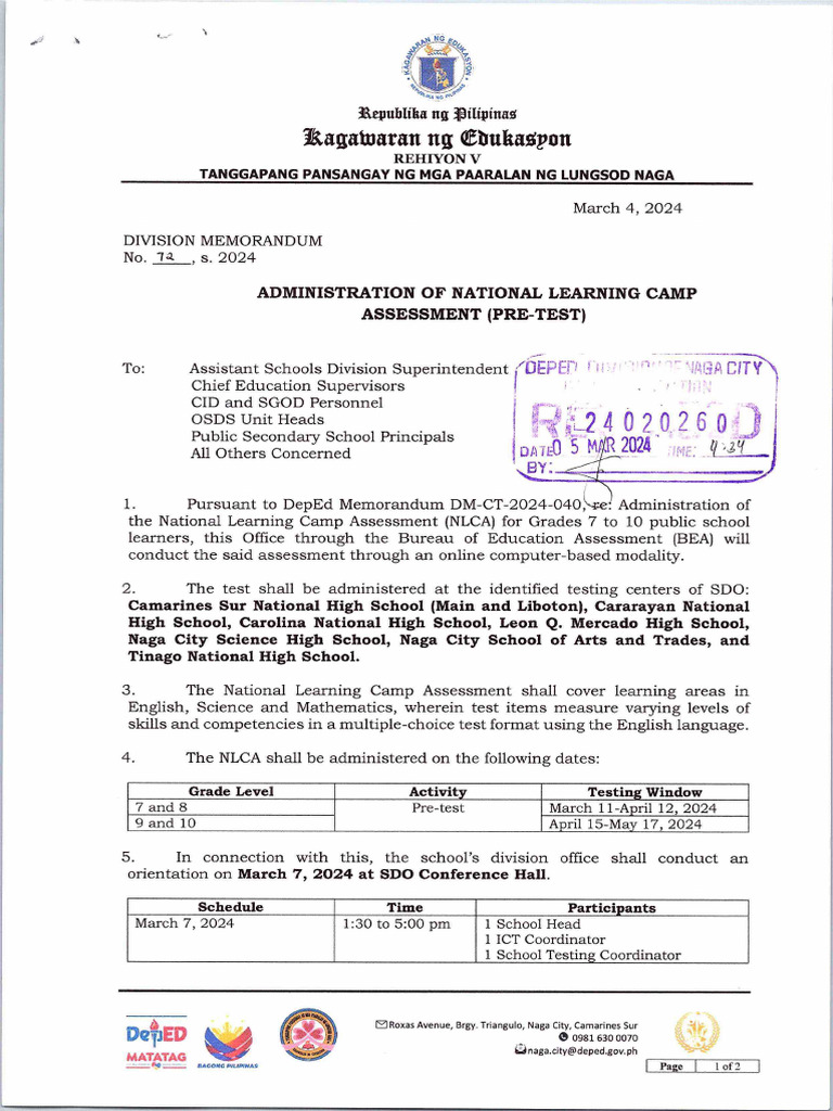 DM No. 72, S. 2024 Administration of National Learning Camp Assessment ...