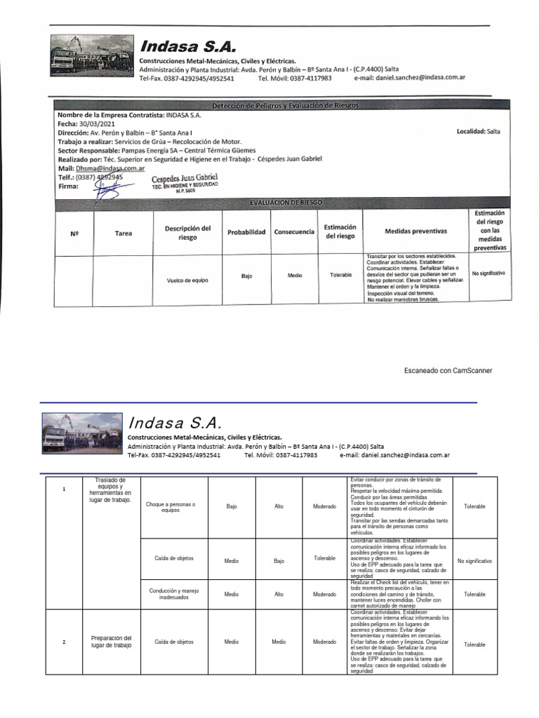Identificación de Peligro y Evaluación de Riesgo - INDASA S.A. | PDF ...