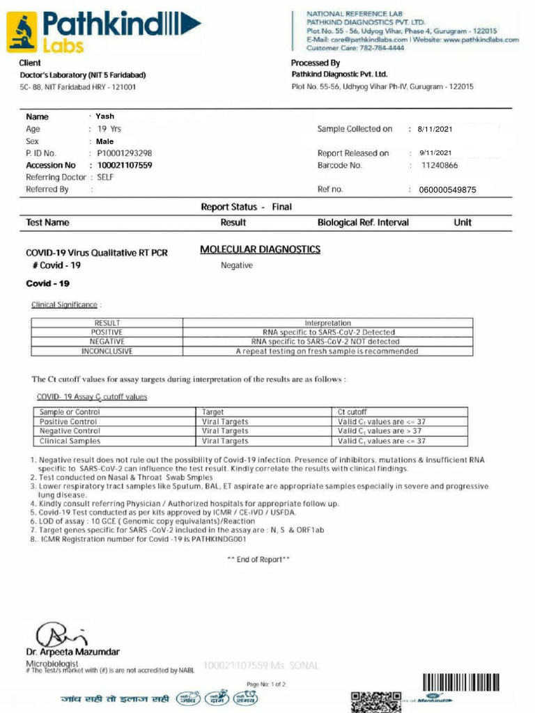 COVID-19 Test Report | PDF | Health Sciences | Genetics