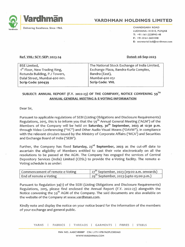 Vardhman Vardhman Holdings Limited: Vardar - Delivering Excellence. Since 1965. Chandigarh Road ...