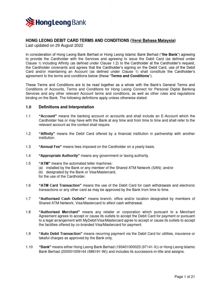 Hong Leong Debit Card Terms Overview | PDF | Debit Card | Visa Inc.