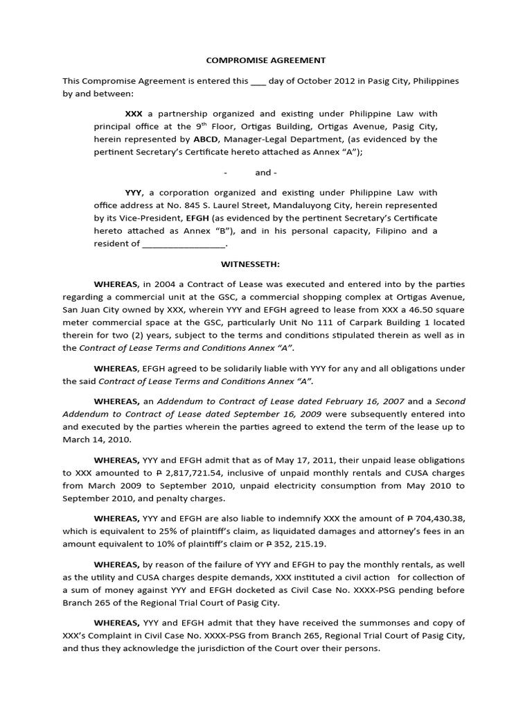 Compromise Agreement - Sample | Download Free PDF | Lawsuit | Attorney ...