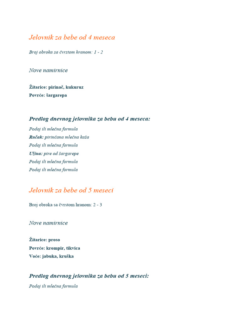 Jelovnik Za Bebe Od 4 Meseca | PDF