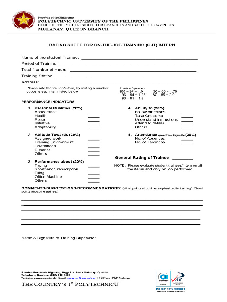 OJT and Internship Rating Sheet 2 | PDF | Behavior Modification