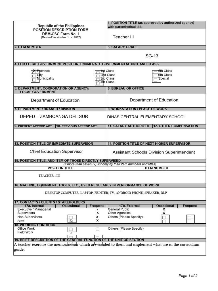 Position Description Form PDF | PDF | Teachers