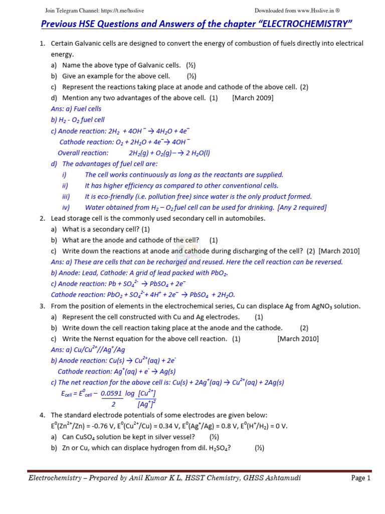 Hsslive-3. Eletrochemistry Previous HSE Qns With Answers | PDF ...