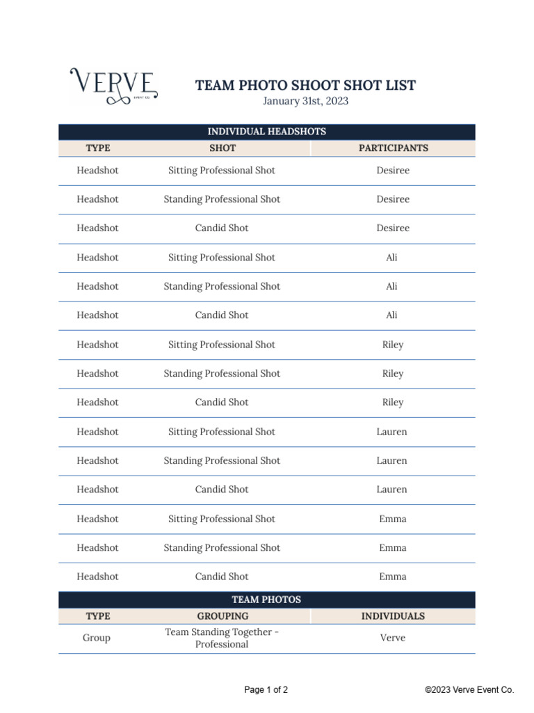 Team Photo Shoot Shot List - Run of Show 1 | PDF