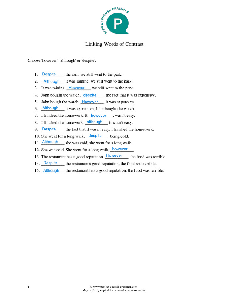 Linking Words of Contrast Worksheet | PDF