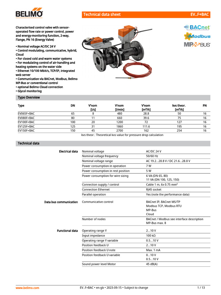 Belimo EV..F BAC Datasheet En-Gb | PDF | Valve | Flow Measurement