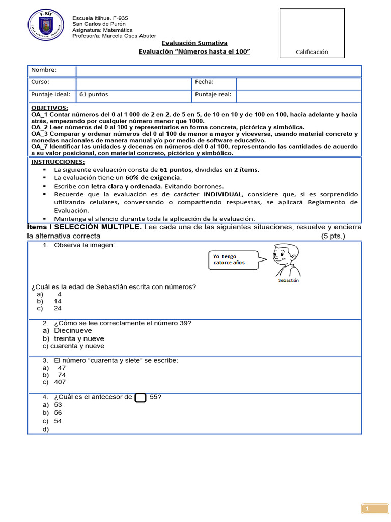 Evaluación de Números hasta 100 | PDF