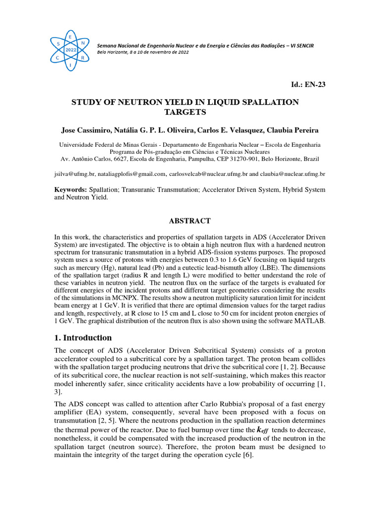 Neutron Yield Study in Liquid Spallation Targets | PDF | Neutron | Proton