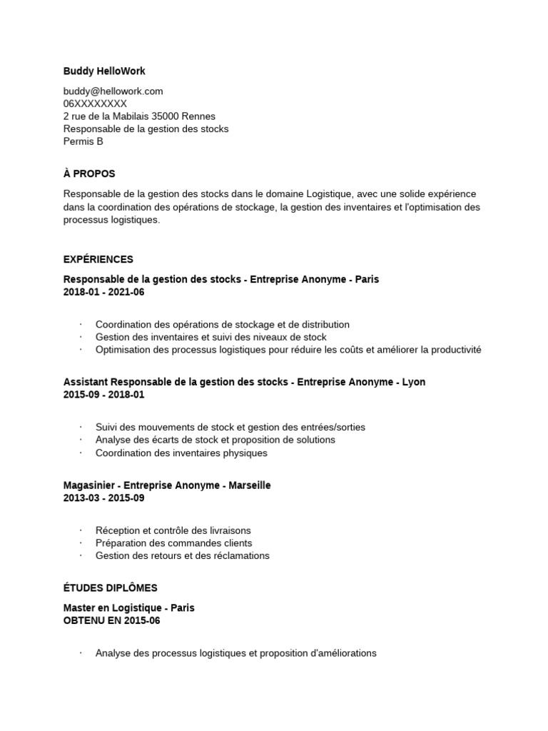Exemple de CV Gestionnaire de Stock | PDF