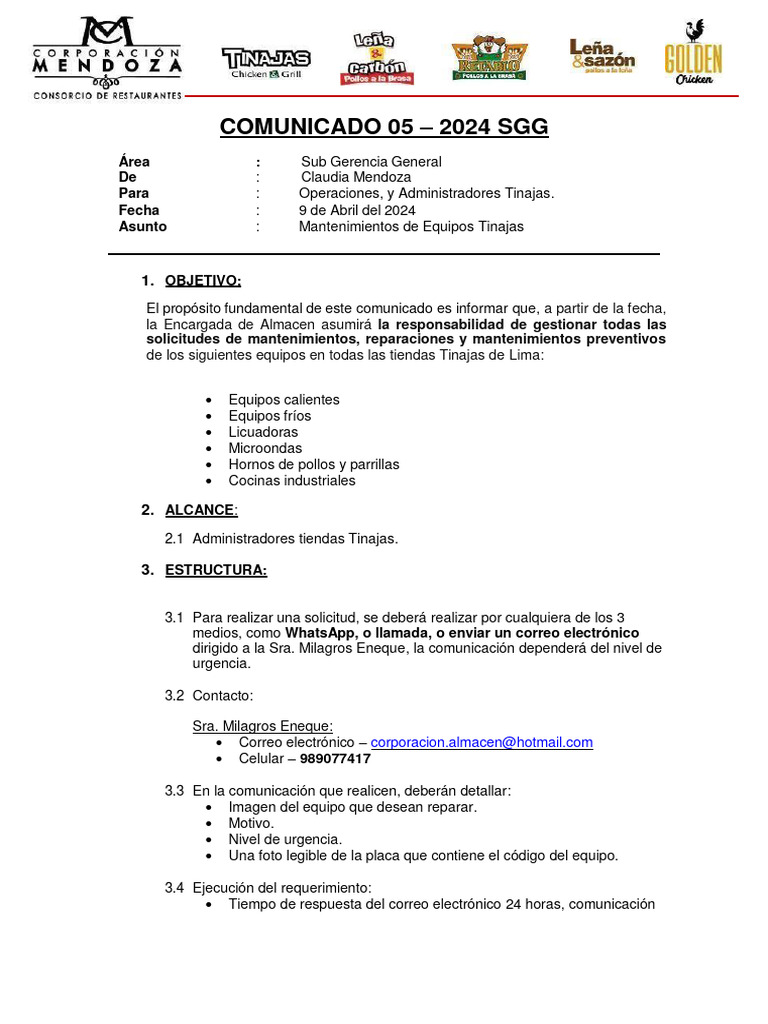 Comunicado #05 Mantenimientos | PDF