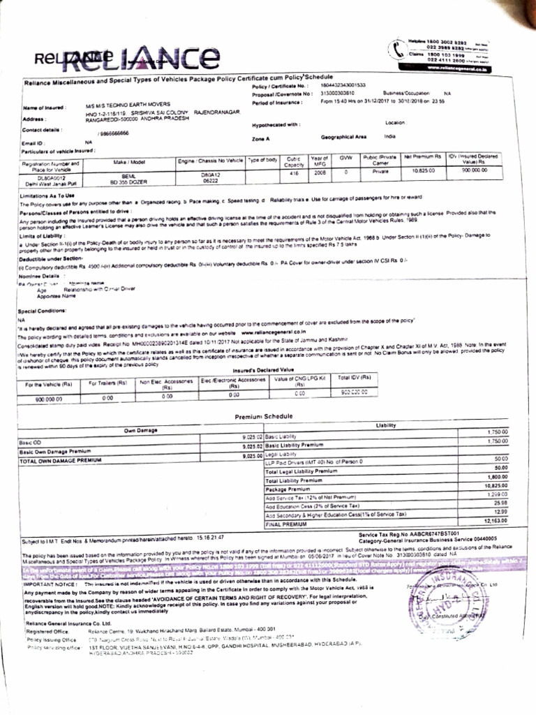 Reliance Miscellaneous and Special Type of Vehicle | PDF | Insurance ...