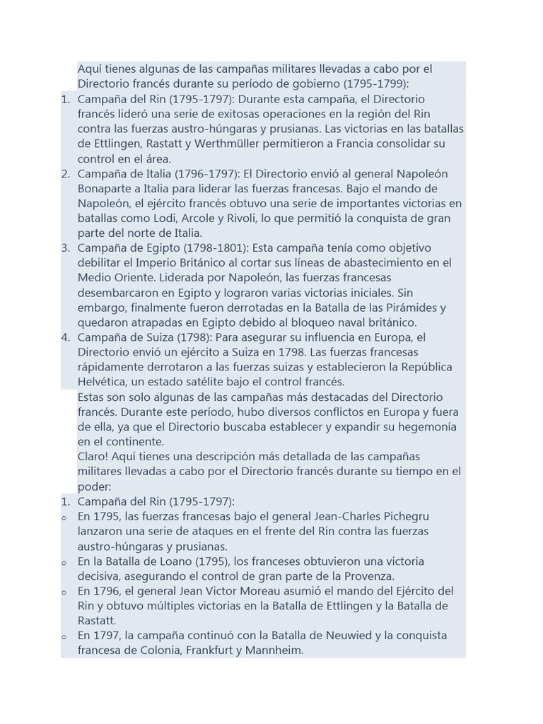 Campañas Militares del Directorio (1795-1799) | PDF | Napoleón | Primer ...
