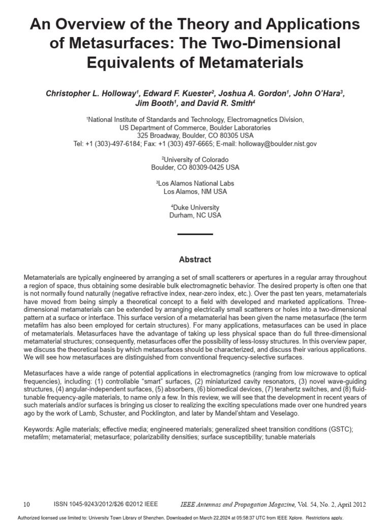 An Overview of The Theory and Applications of Metasurfaces The Two-Dimensional Equivalents of ...
