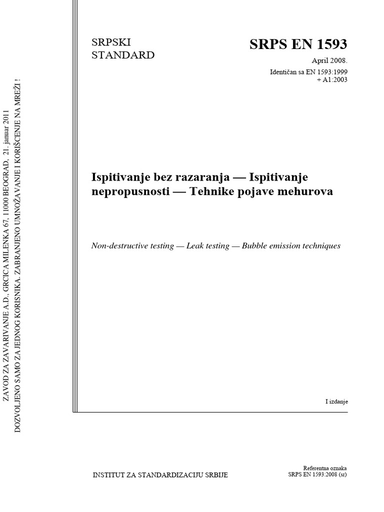 SRPS EN 1593-Ispitivanje Nepropusnosti | PDF