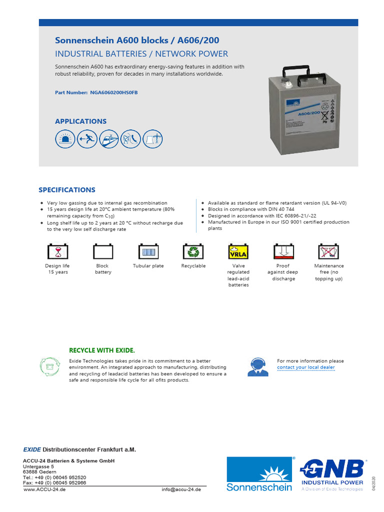 Datenblatt Exide Sonnenschein A606 200 Block Accu en | PDF | Electricity | Energy Storage