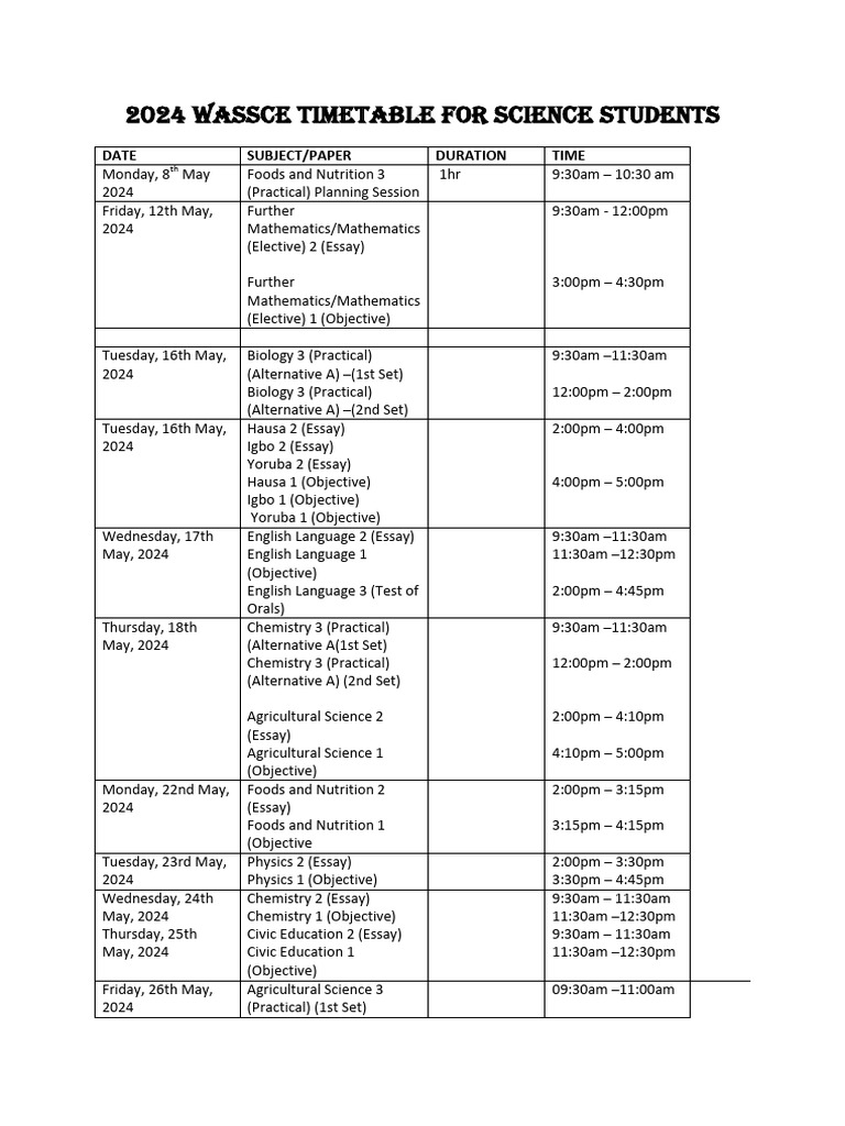 2024 Wassce Timetable For Science Students | PDF