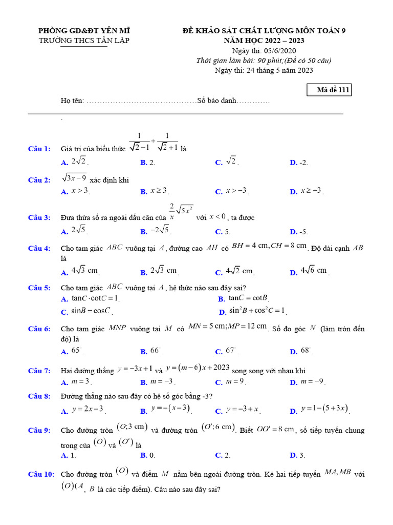 Đề thi thử THCS Tân Lập | PDF