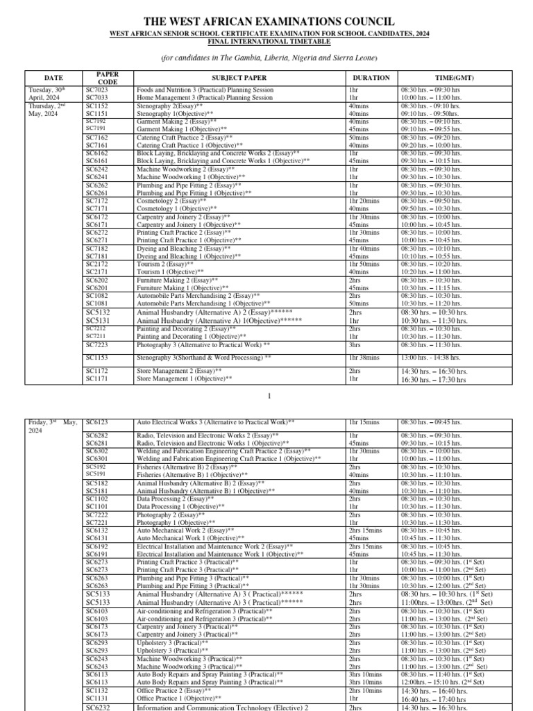 2024 WASSCE Timetable for Candidates | PDF | Plumbing