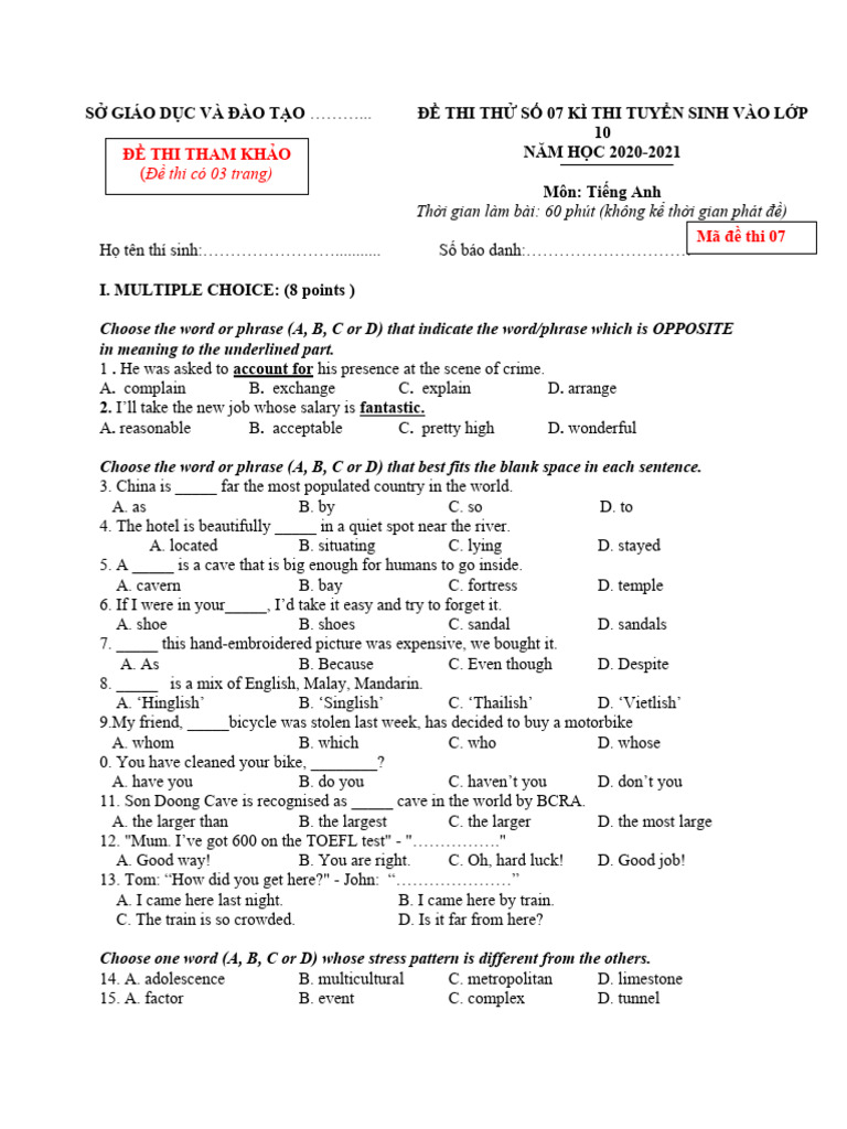 ĐỀ THI THỬ TIẾNG ANH 10 | PDF | Pollution