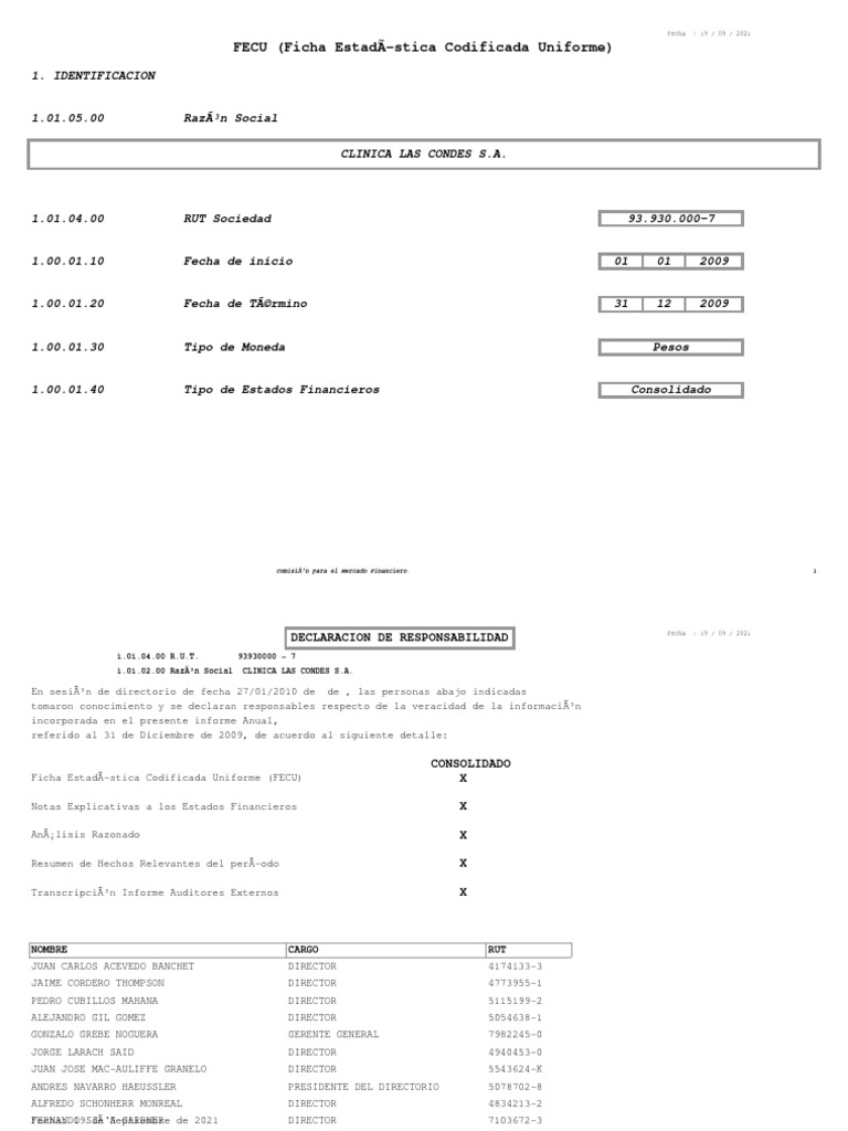Clinica Las Condes Fecu 2009 Norma Pcgach | PDF | Estado financiero | Contabilidad