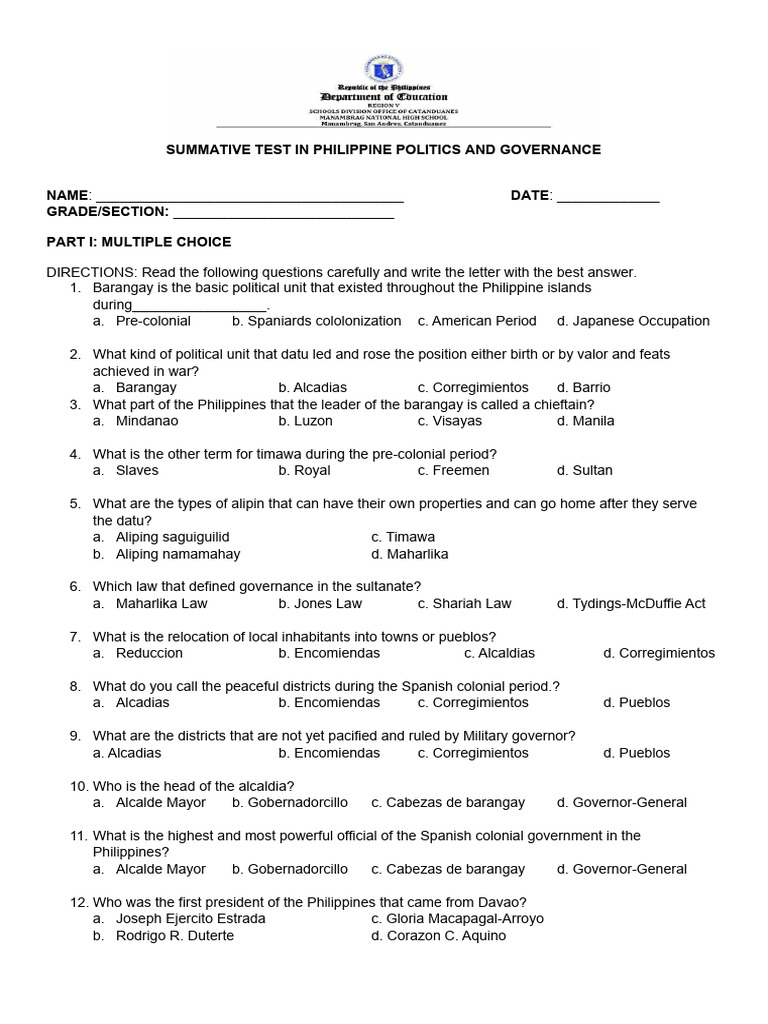 summative 2 test in PPG file | PDF | President Of The Philippines ...