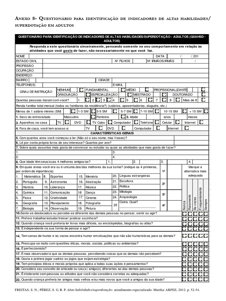 Questionário Identificação ADULTOS | PDF | Superdotados | Liderança