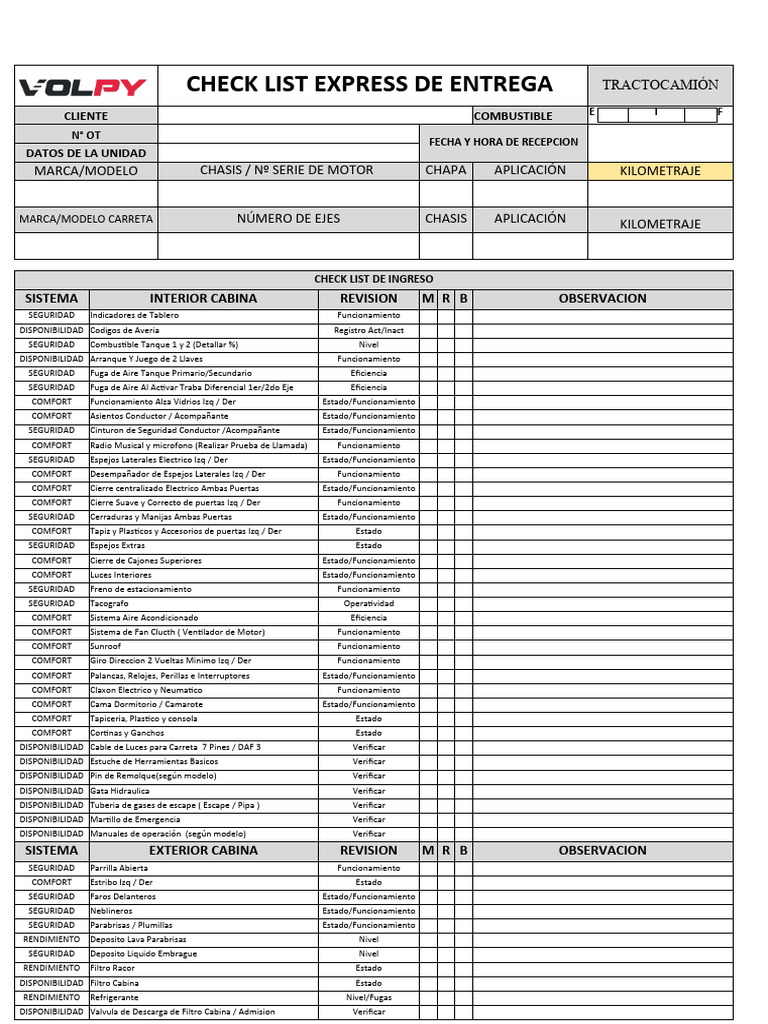 Check List Entrega de Camión | PDF | Neumático | Industria automotriz