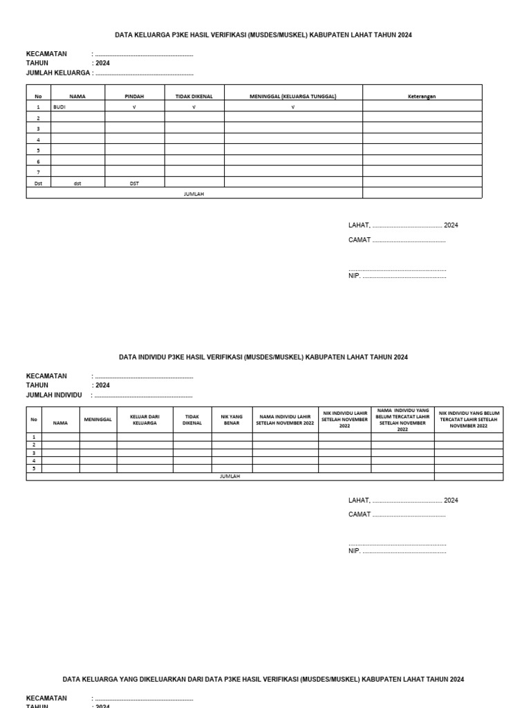 Format Permintaan Data Validasi Dan Verifikasi P3ke 2024 | PDF