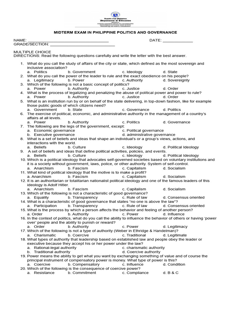 MIDTERM EXAM in PPG | PDF | Power (Social And Political) | State (Polity)
