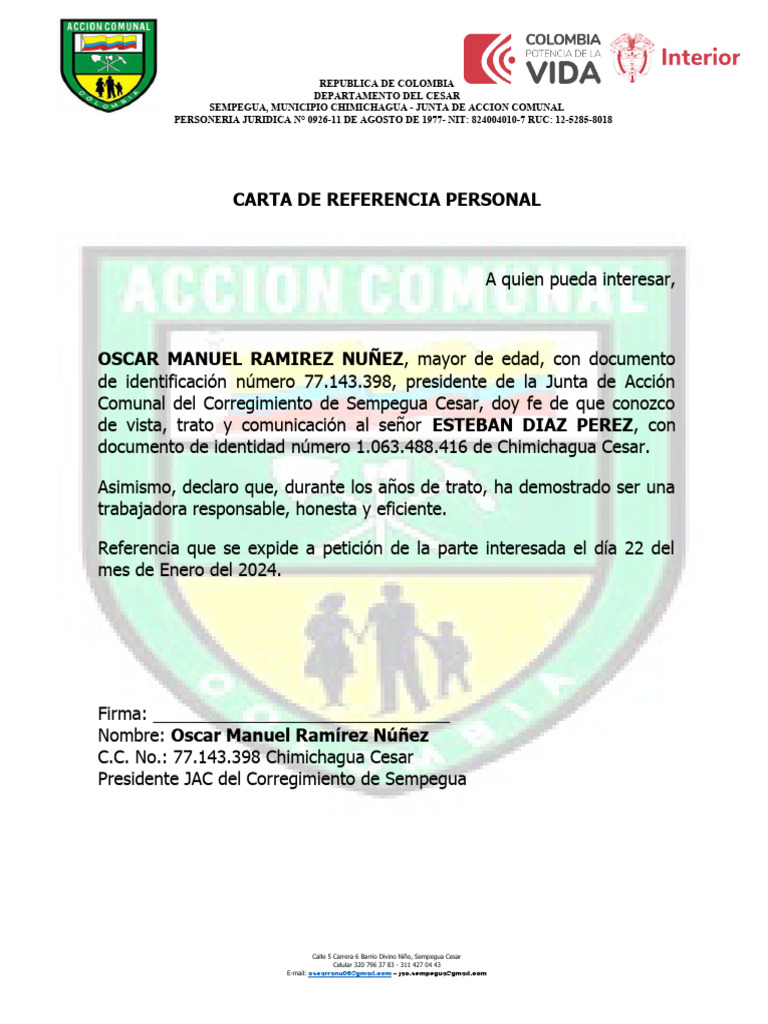 Carta de Referencia - Junta de Accion Comunal Sempegua 2024 | PDF