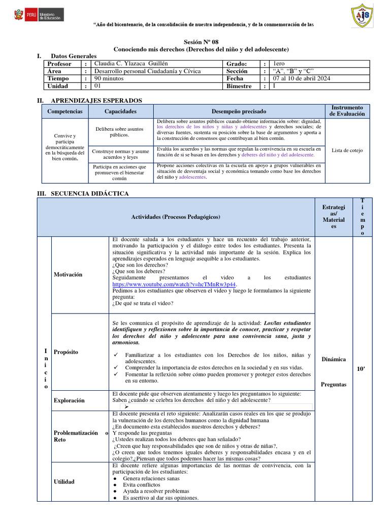 Sesión 8 dpcc | PDF | Maestros | Derechos de los niños