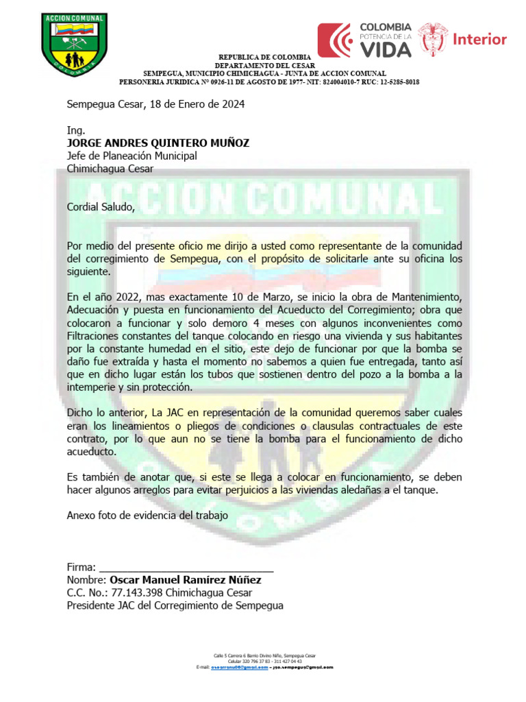 Solicitud - Junta de Accion Comunal Sempegua 2024 | PDF