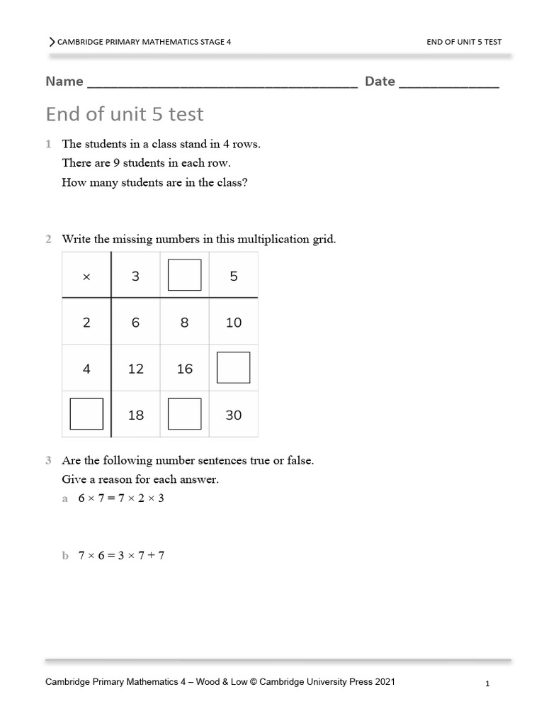 Prim Maths 4 2ed TR Unit 5 Test | PDF