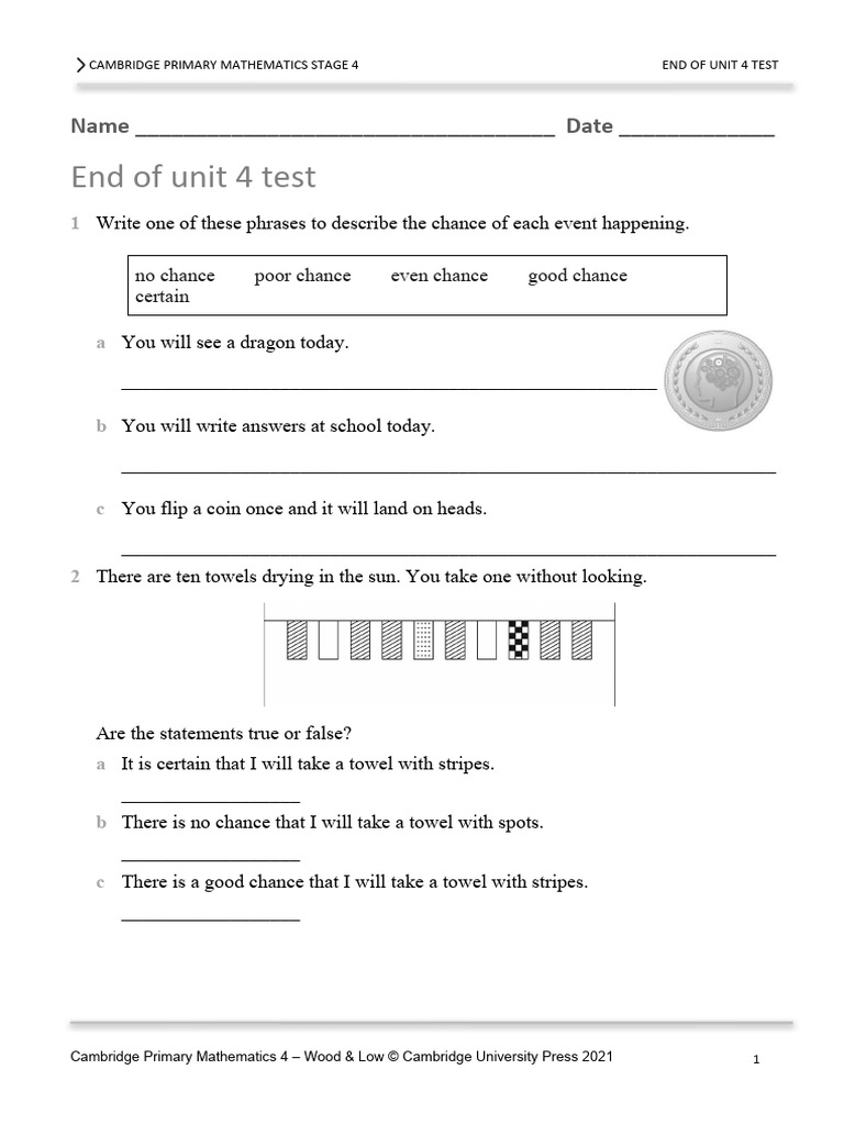 Prim Maths 4 2ed TR Unit 4 Test | PDF