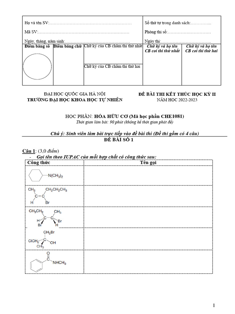 CHE1081-Đề Thi Chung - HKII - 2022-2023 (Final) | PDF