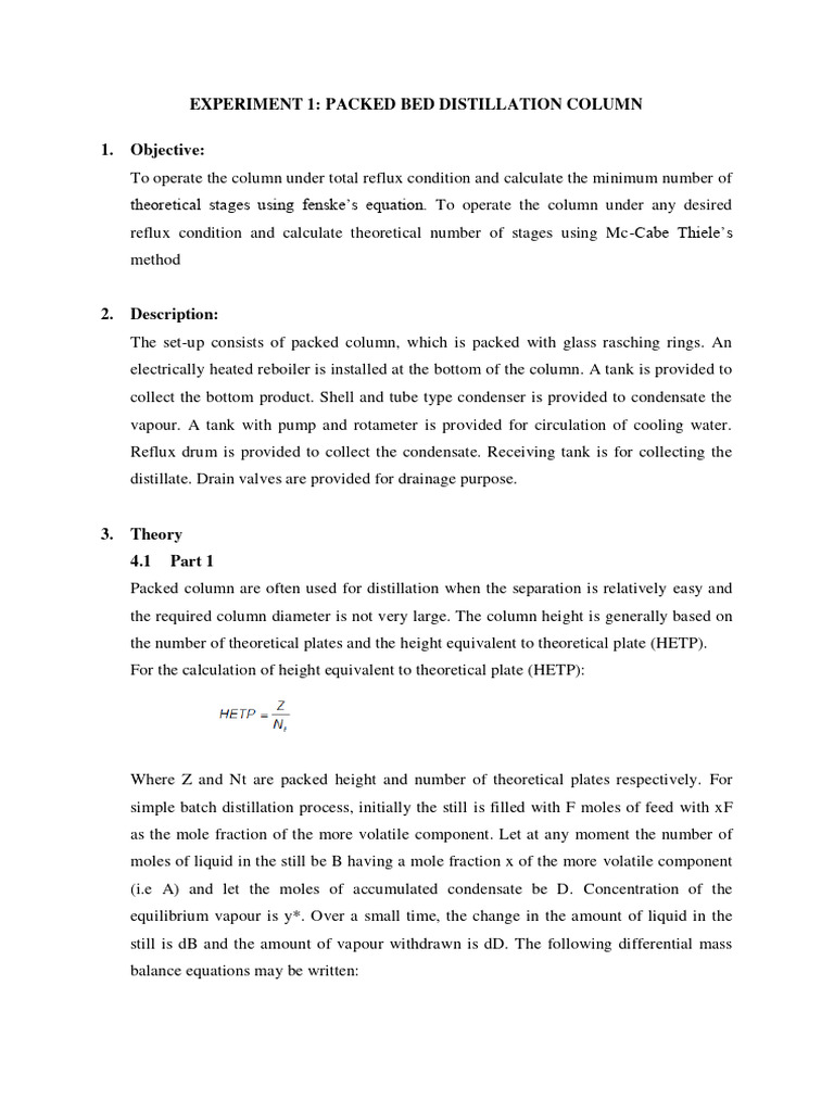 Packed Bed Distillation Experiment Guide | PDF | Distillation | Titration