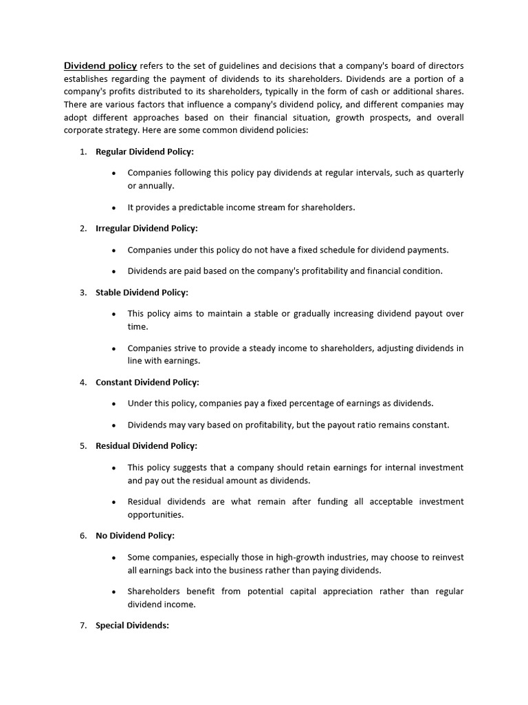 Unit 5 Dividend Policy Refers To The Set of Guidelines and Decisions ...