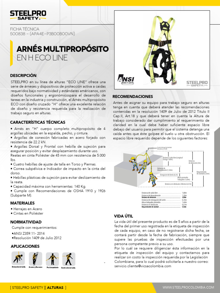 Ficha Tecnica Arnes en H Steelpro | PDF
